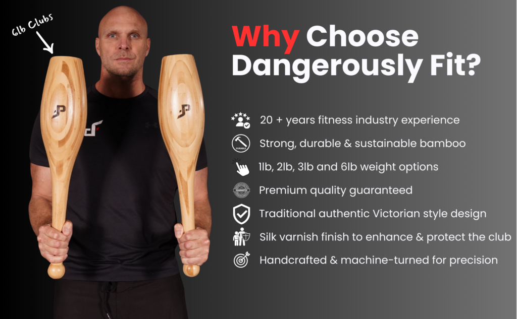 Indian Clubs - Bamboo Wood - 1lb, 2lb, 3b & 6lb