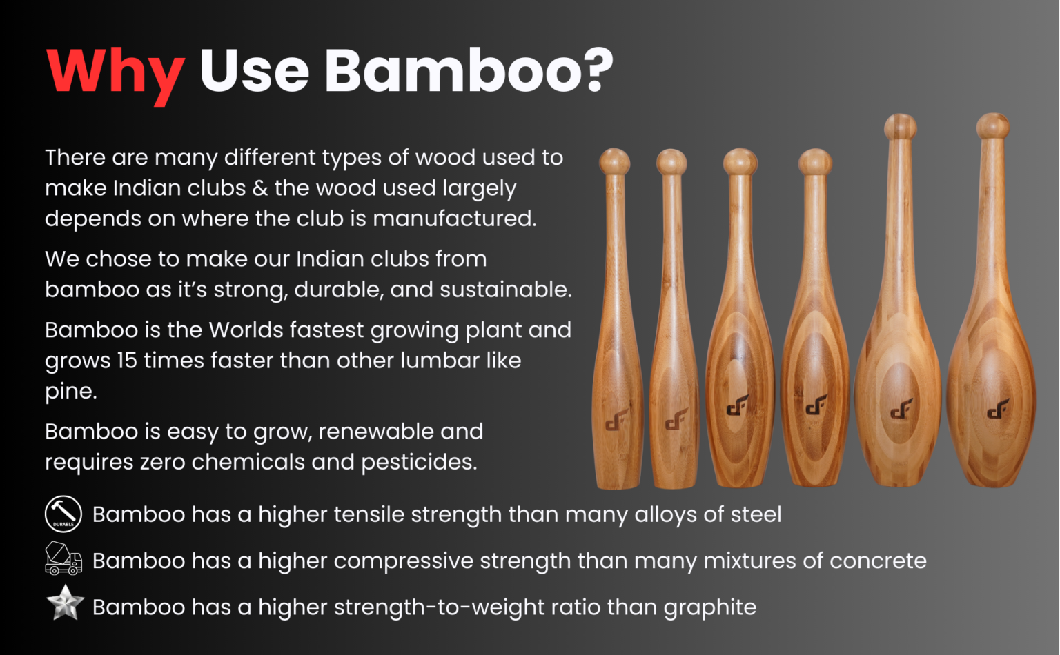 Indian Clubs - Bamboo Wood - 1lb, 2lb, 3b & 6lb